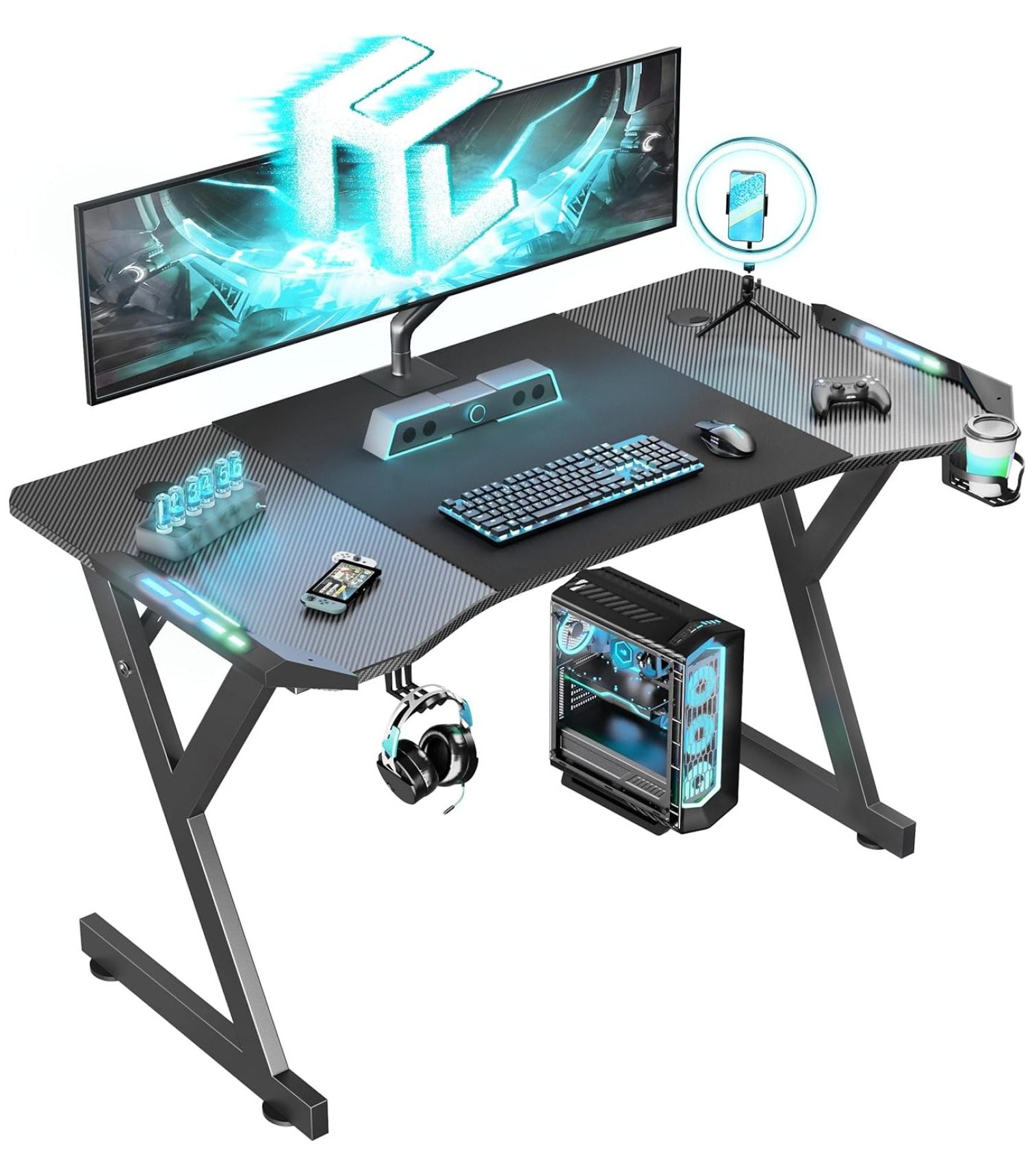 SkYifF 55 Inch Gaming Desk with LED Lights, Ergonomic Computer Gaming ...