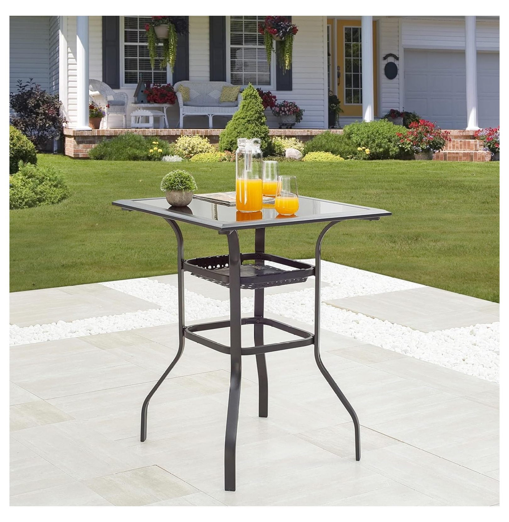 SkYifF Square 2-Tier Side Tea Small Patio Table, Tempered Glass Top ...