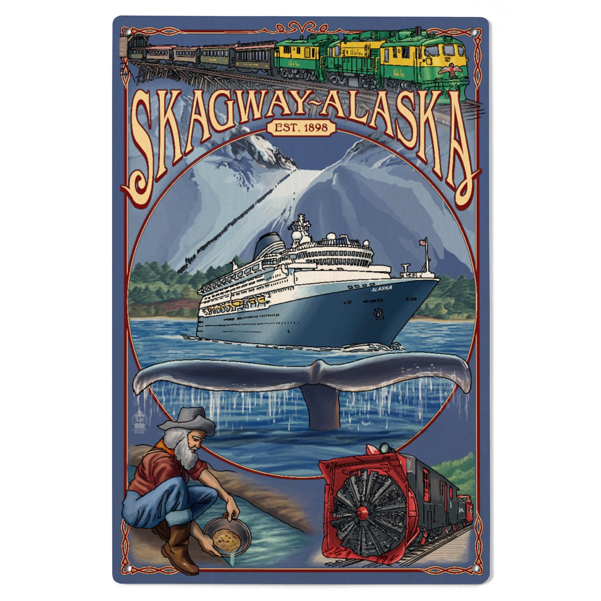 Skagway, Alaska Montage (Ship) Birch Wood Wall Sign (6x9 Rustic Home ...