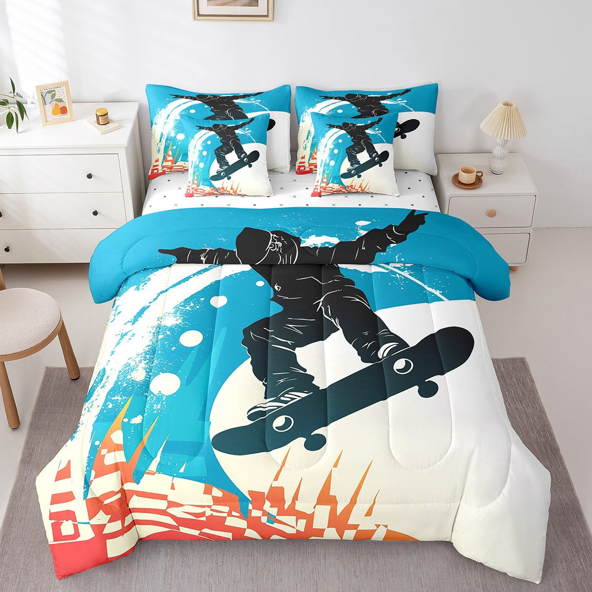 Skateboard Bed in a Bag Full Size 7 Pieces,Graffiti Skateboarding Man ...