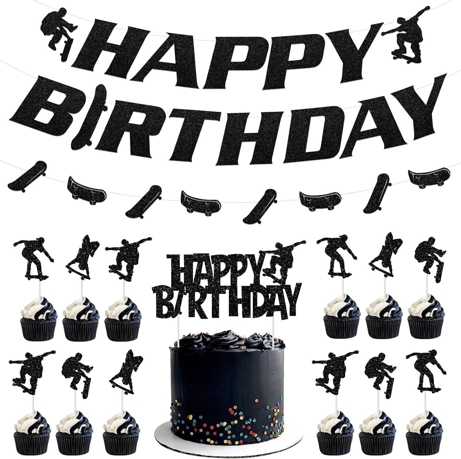 Skateboard Birthday Decorations, Skateboard Happy Birthday Banner Cake ...