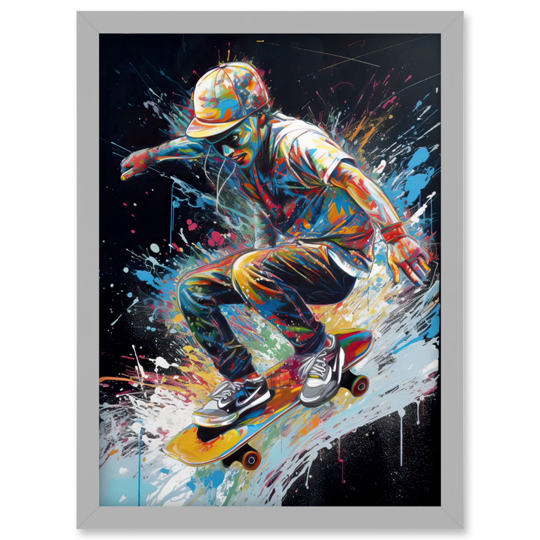Skateboarder Skating Multicoloured Splat Paint Artwork Framed Wall Art ...