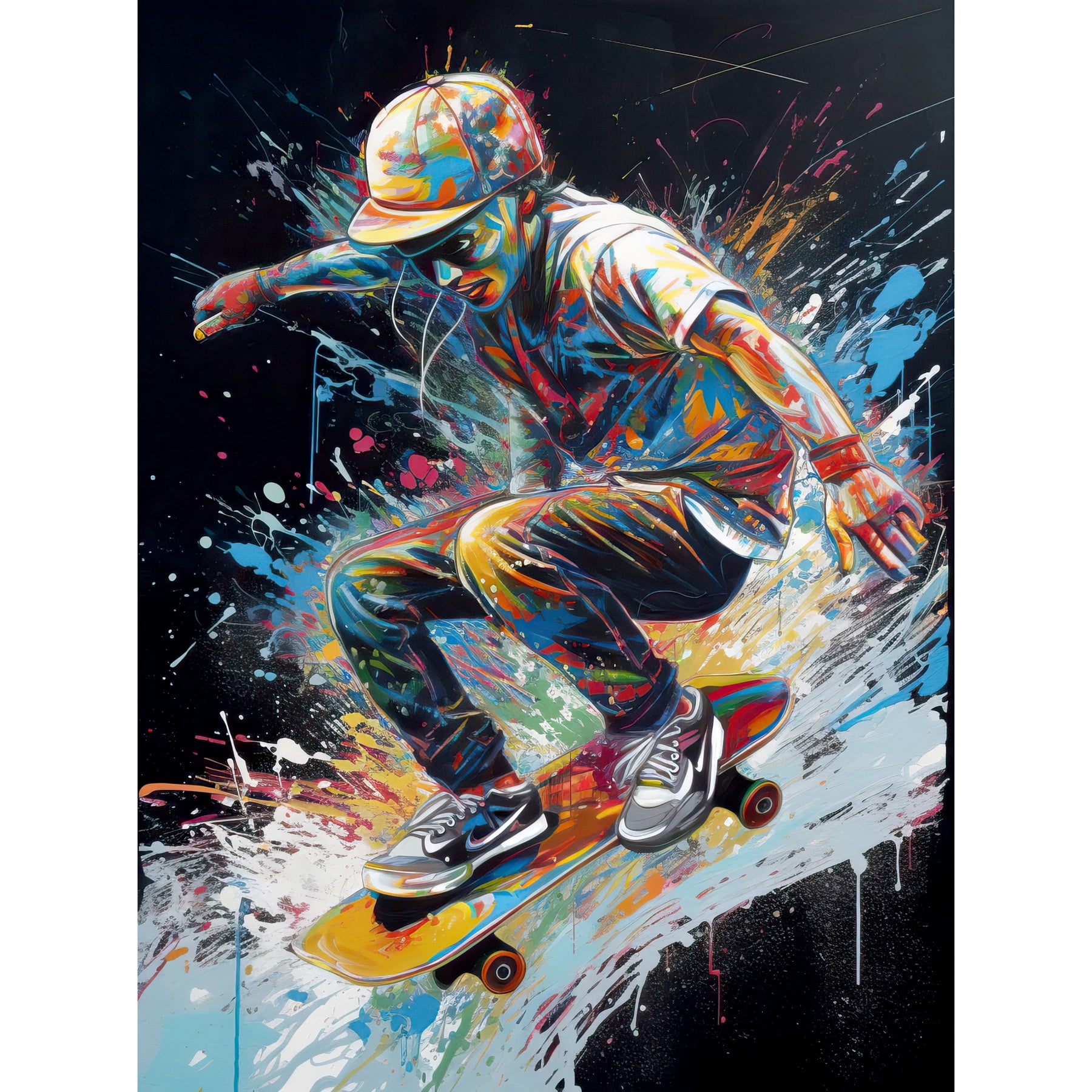 Skateboarder Skating Multicoloured Splat Paint Unframed Wall Art Print ...