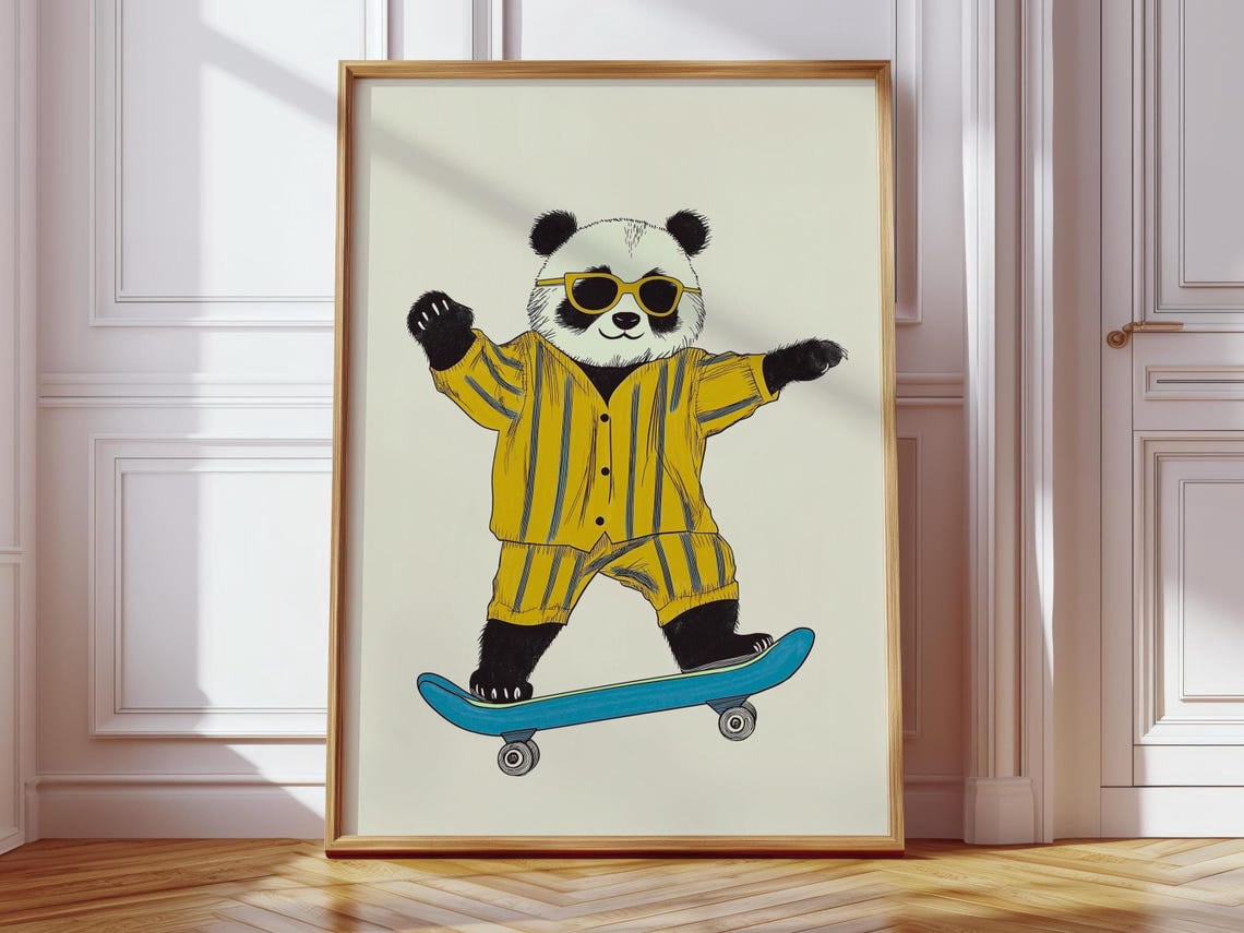 Skateboarding Panda Nursery Wall Art Whimsical Animal Print Playful ...