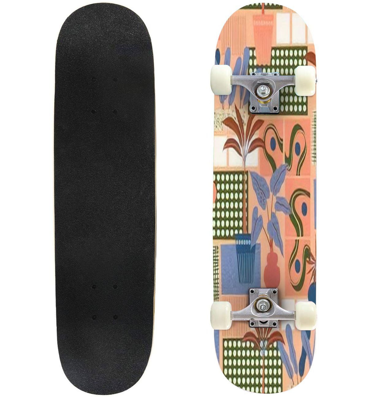 Skateboards for Beginners 1960s interior color blocked tiles potted plants palms Seamless 31"x8 ...