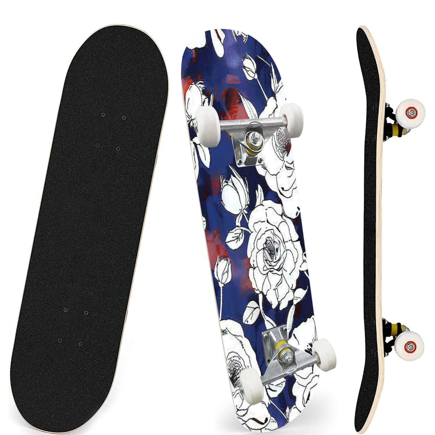 Skateboards for Beginners Abstract seamless drawing white roses blue 7 ...