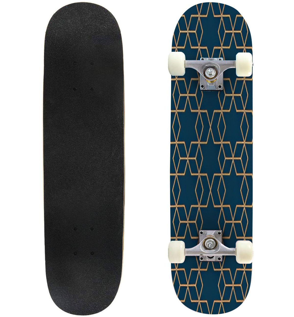 Skateboards for Beginners Art deco line art Star grid pattern gold blue ...