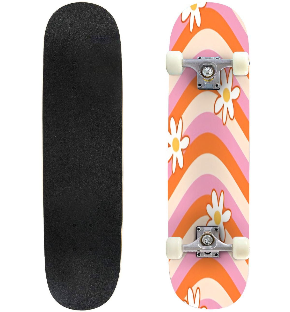 Skateboards for Beginners Daisy Seamless Pattern Retro Orange Pink Wavy ...