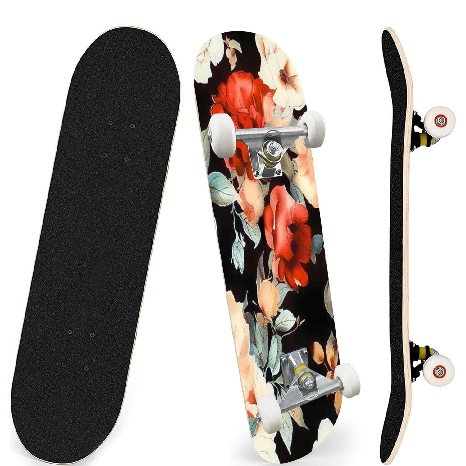 Skateboards for Beginners Seamless floral red orange roses 7 Layer ...