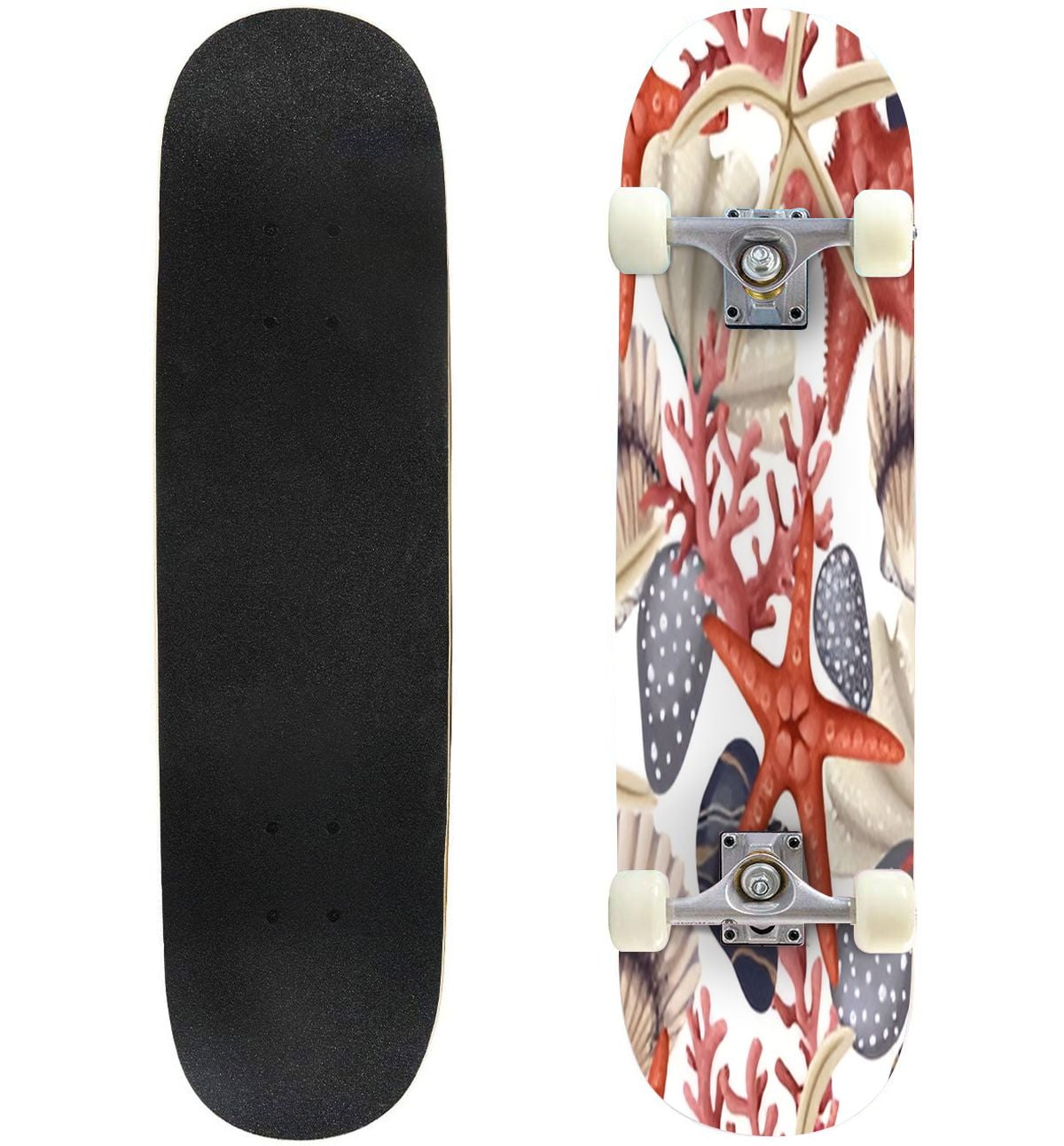 Skateboards for Beginners Seamless pattern red starfishes shells coral ...