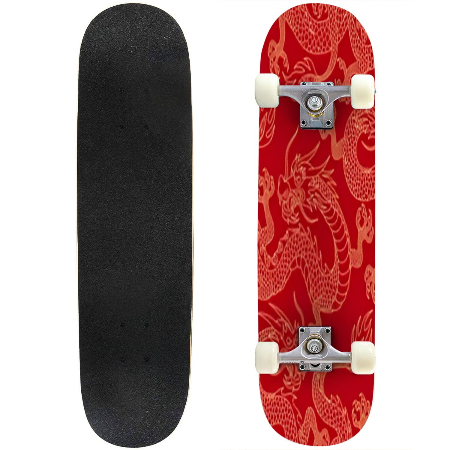 Skateboards Chinese dragons fighting gold outlines red Seamless pattern ...