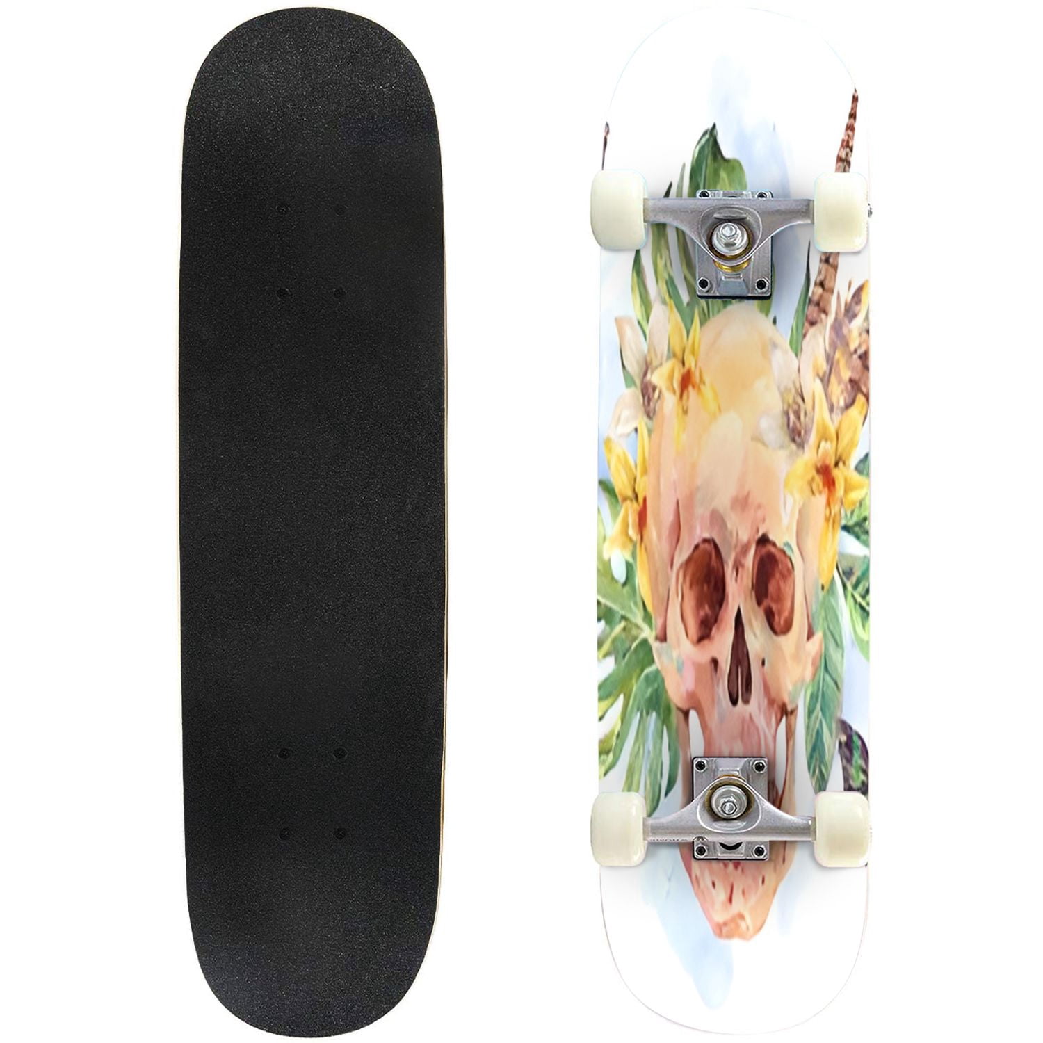 Skateboards Summer sea watercolor skull tropical leaves flowers exotic ...