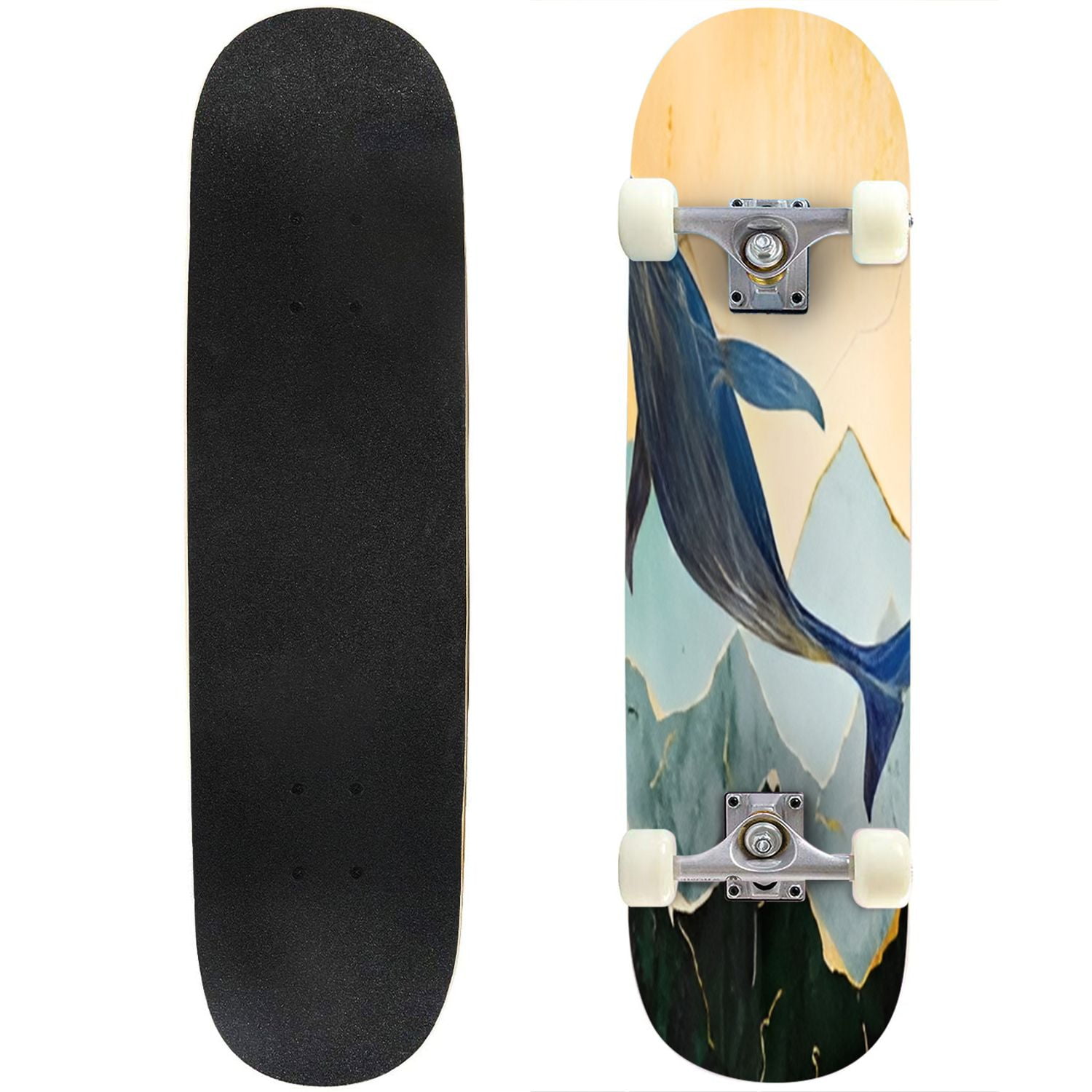 Skateboards Watercolor abstract landscape art waves hills whale gold ...