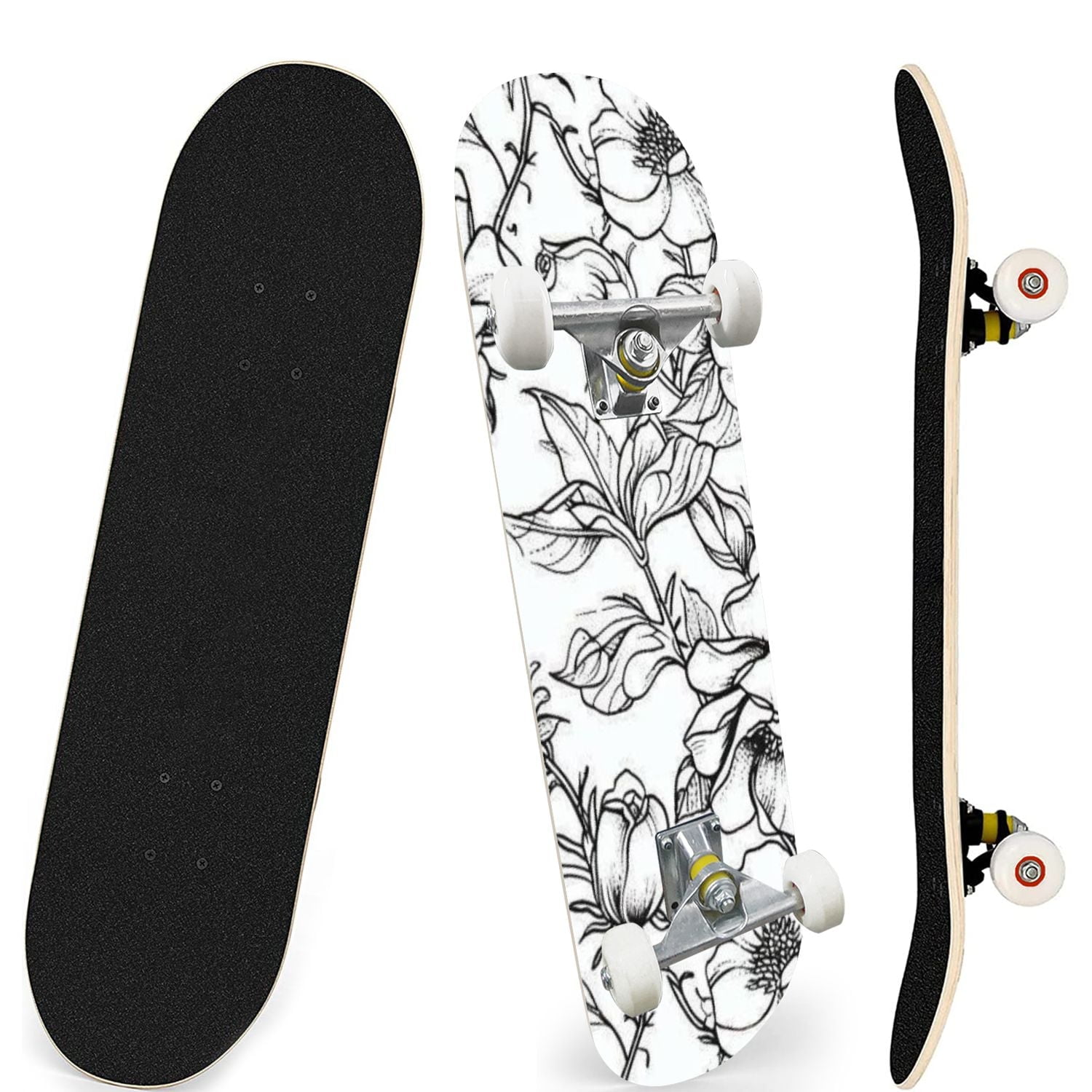 Skateboards for Beginners seamless white floral 7 Layer Maple Wood ...