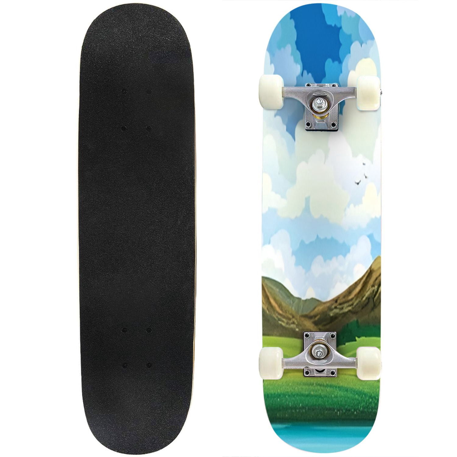 Skateboards summer landscape green flowering field forest mountains ...