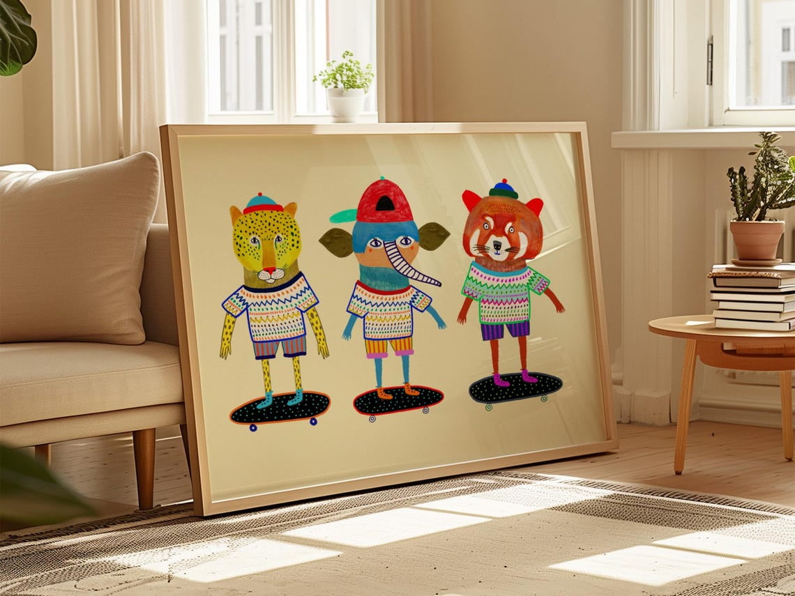 Skater Kiddos Art Print, Nursery Decor, Kids Wall Art, Gift For Children, Bright Colorful Boys ...