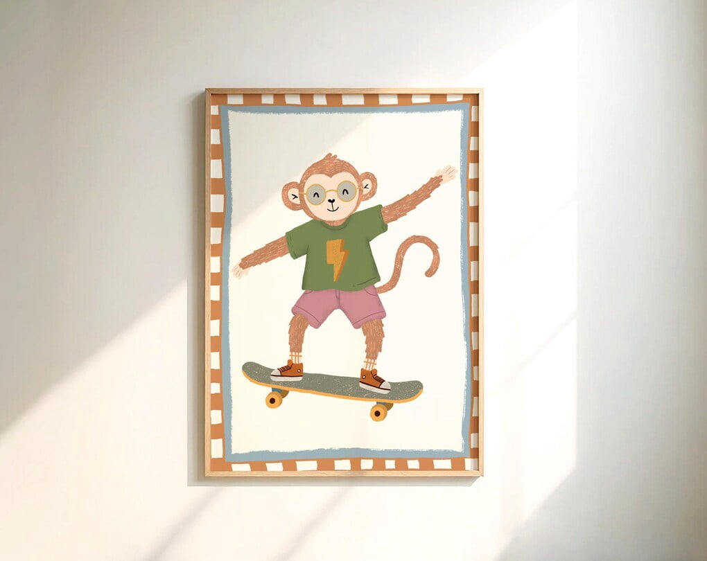Skater Monkey Wall Art For Kids Room Jungle Nursery Poster Printable ...
