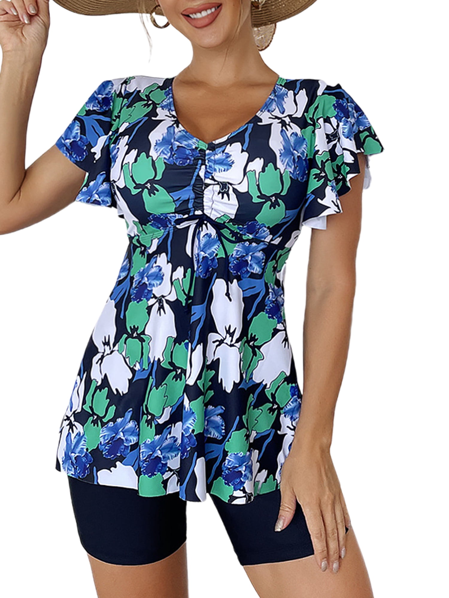 Skearow Women Tankini Sets Short Sleeve Swimwear V Neck Stretch Two ...