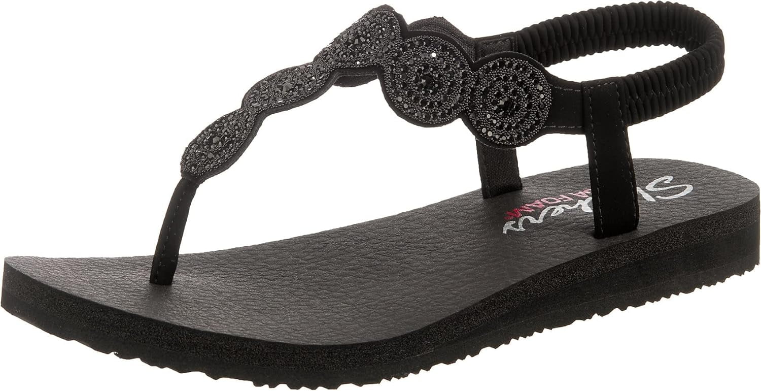 Skechers Women's Meditation-Stars And Sparkle Thong Sandal Black/Black ...