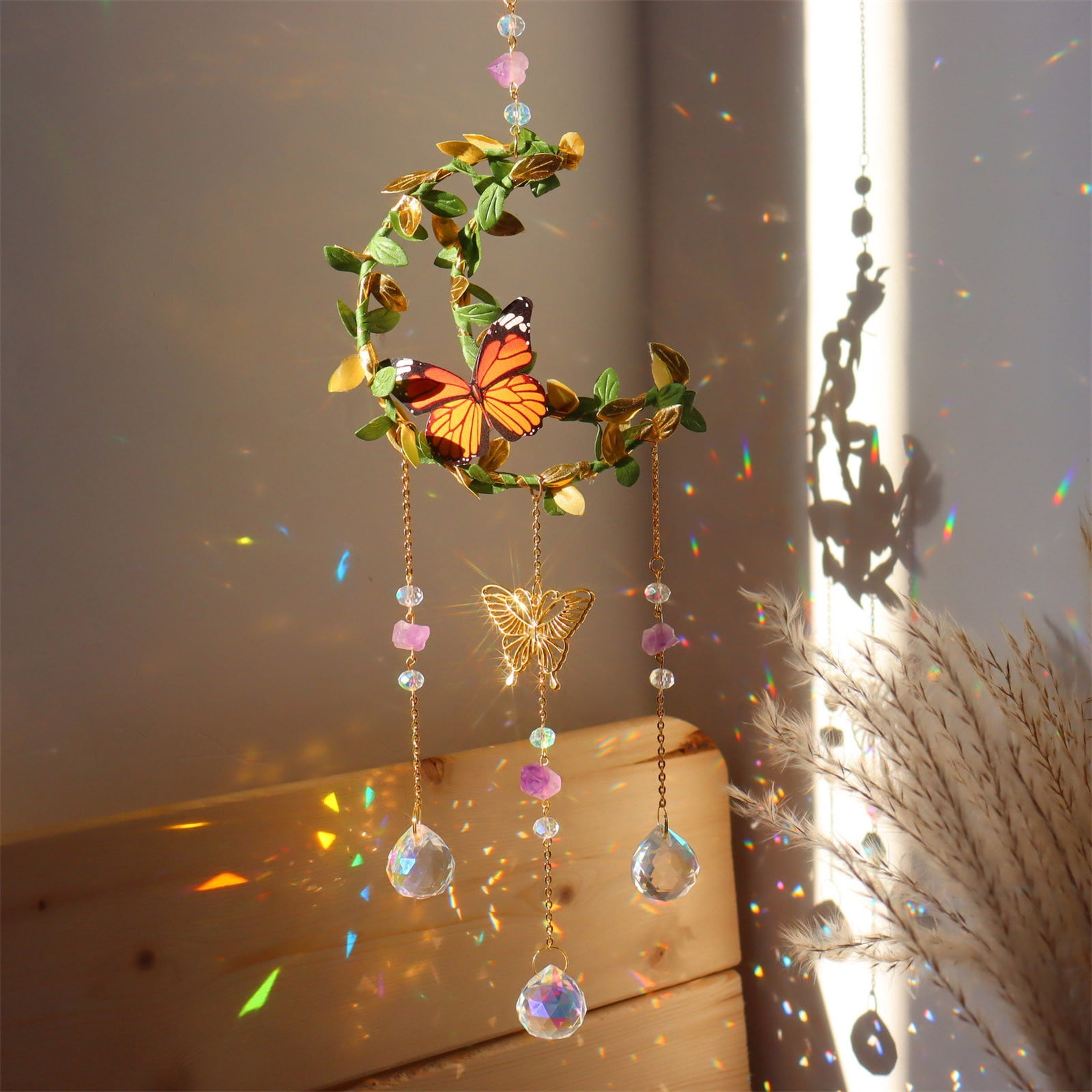 Skegnu Decoration Flower Leaf Wind Chime Natural Crystal Garden Pendant ...