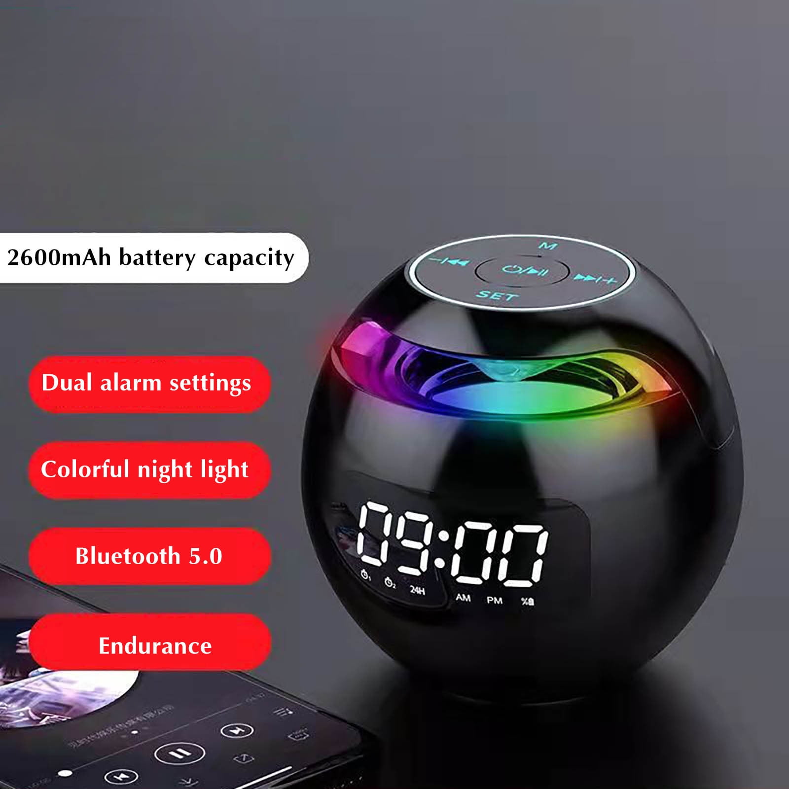 Skegnu Loud Alarm Clock Wireless Bluetooth Speaker Colorful Subwoofer With LED Display FM Radio ...