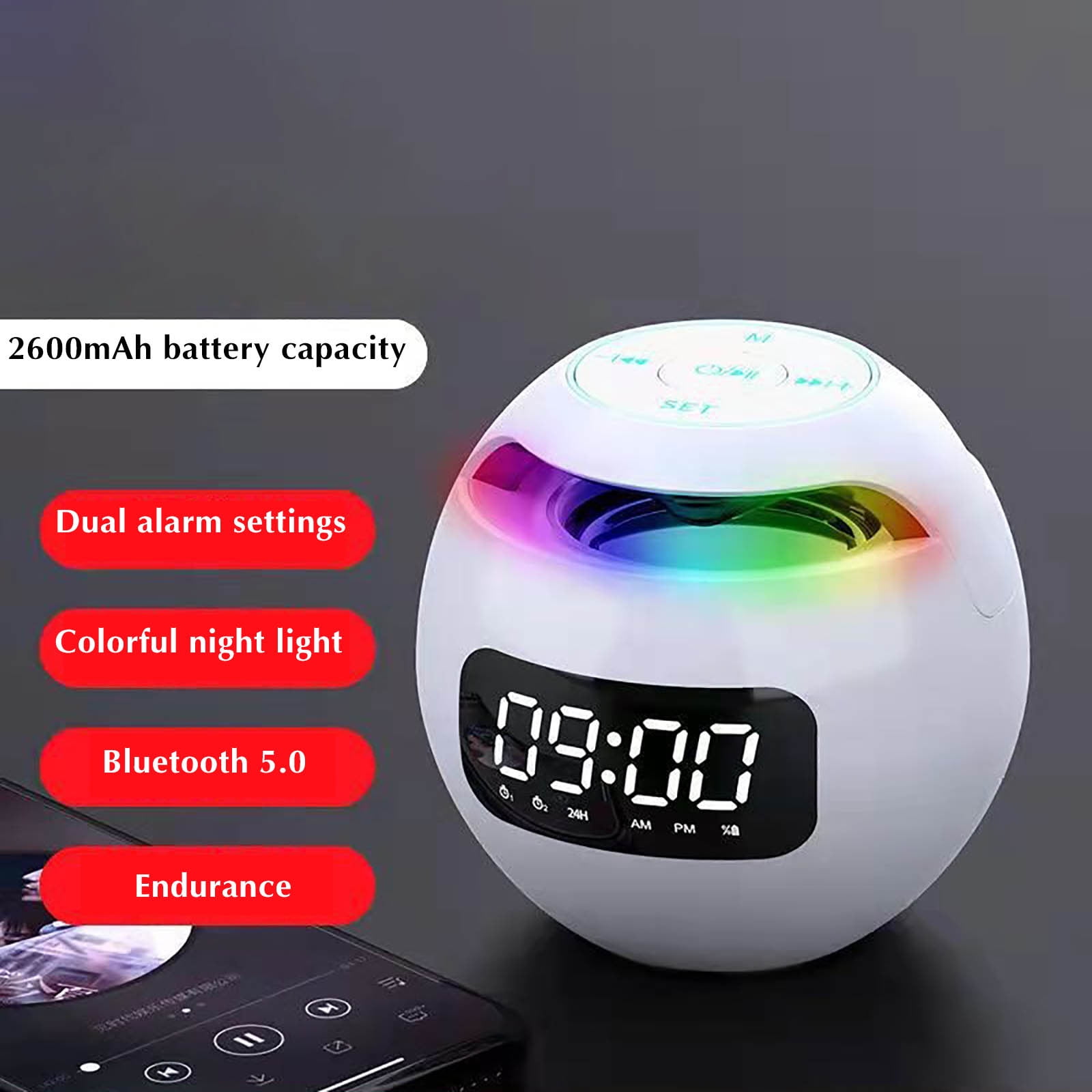Skegnu Loud Alarm Clock Wireless Bluetooth Speaker Colorful Subwoofer ...
