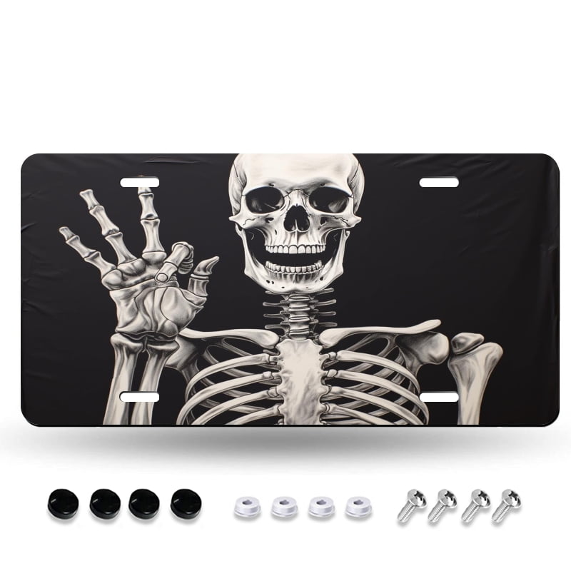 Skeletal Figure With Hand Raised in Peace Sign License Plate Frame, Decorative Novelty License ...