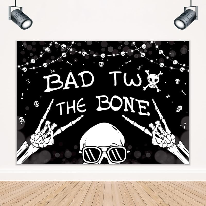 Skeleton 2nd Birthday Backdrop for Bad Two the Bone Black White Skull ...