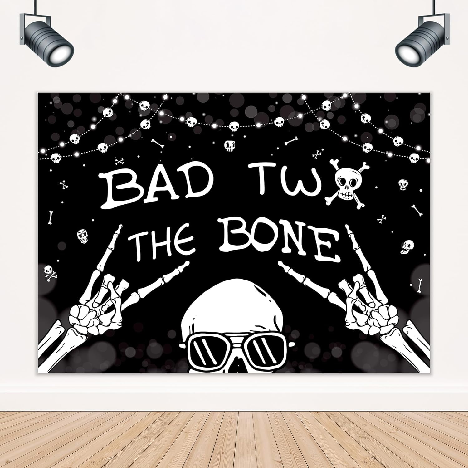 Skeleton 2nd Birthday Backdrop for Bad Two the Bone Black White Skull ...