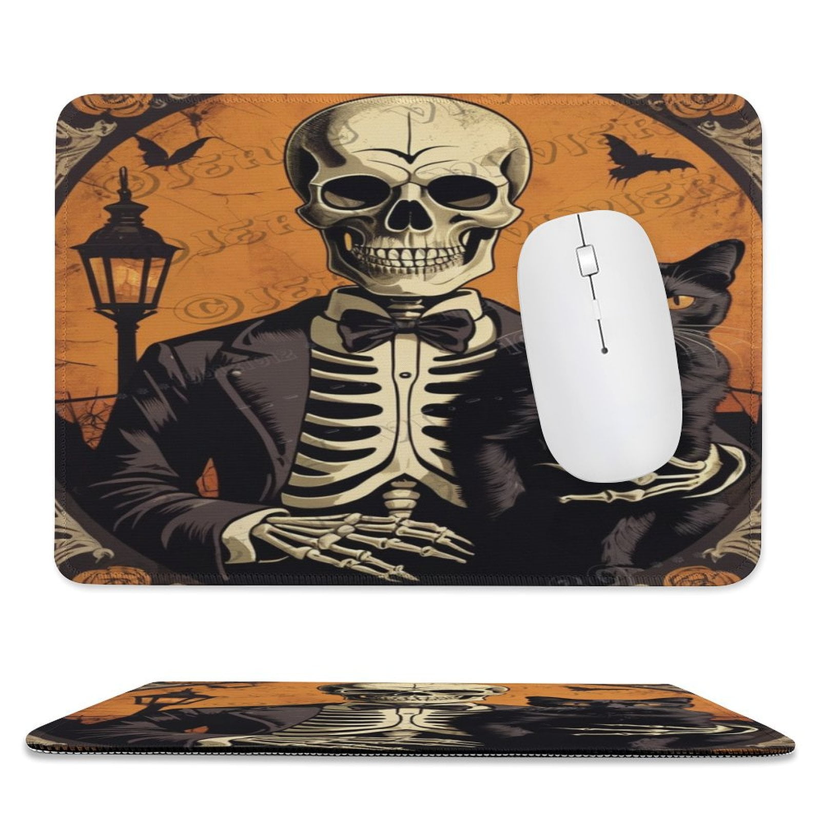 Skeleton And Black Cat Print Mouse Pad with Stitched Edge, Premium ...