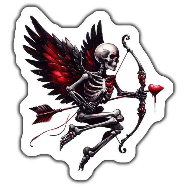 Skeleton Archer Sticker, Gothic Cupid Decal, Winged Skeleton With Bow ...