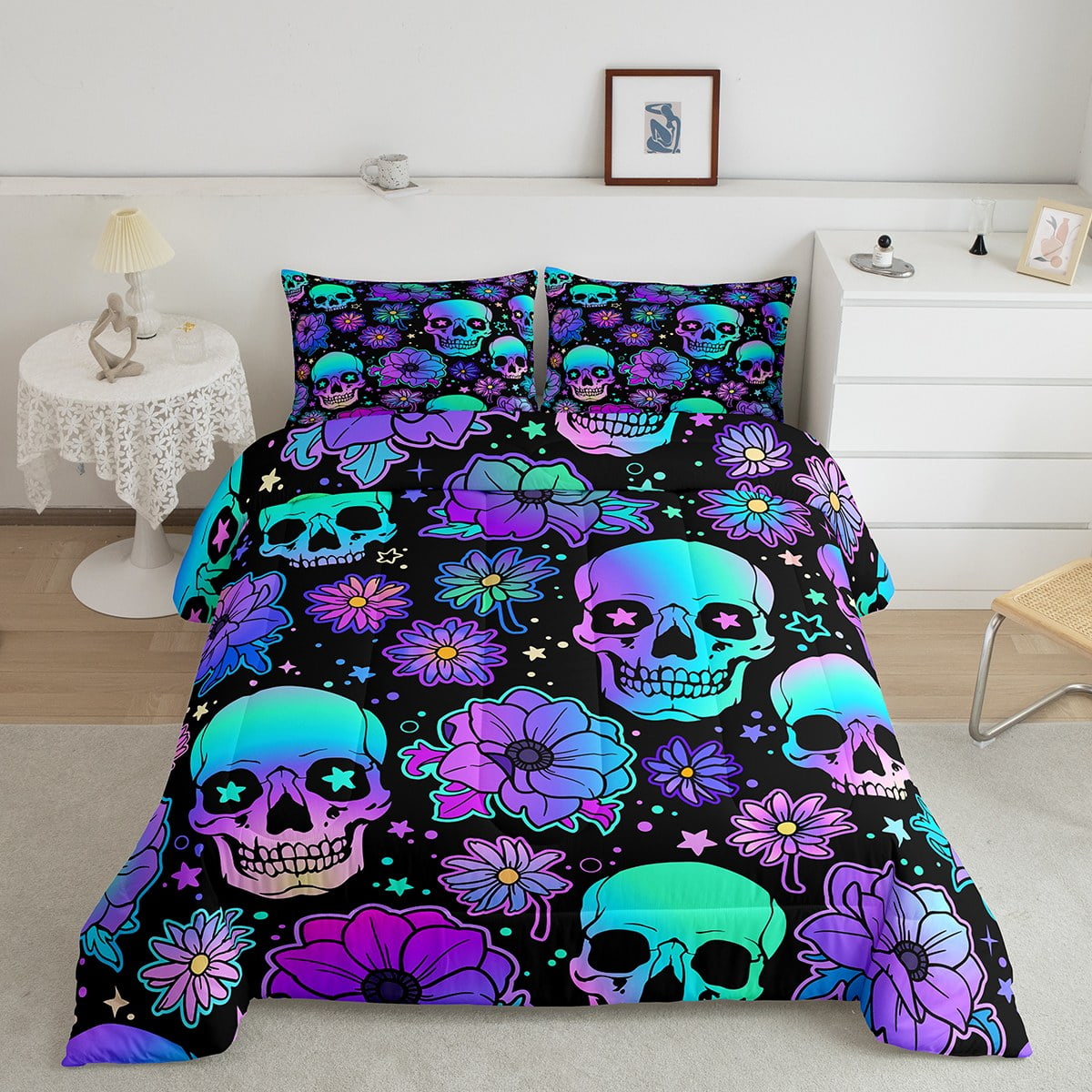 Erosebridal Skeleton Halloween Decor Bedding, Skull Rainbow Duvet ...