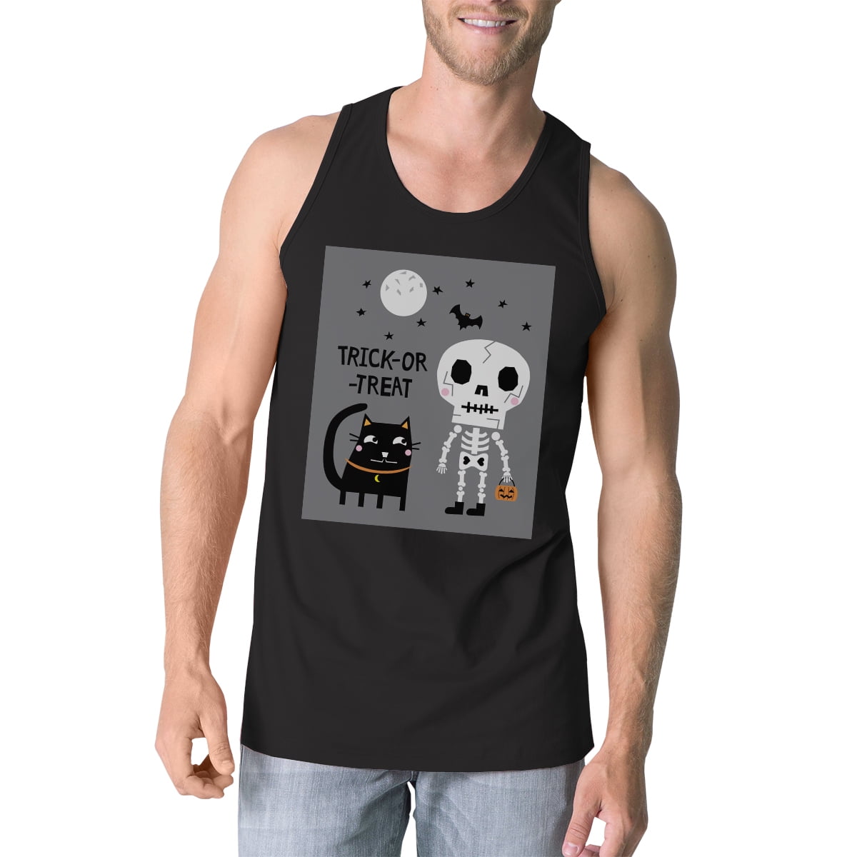 Skeleton Black Cat Mens Black Tanks Couple Halloween Funny Tank Top ...