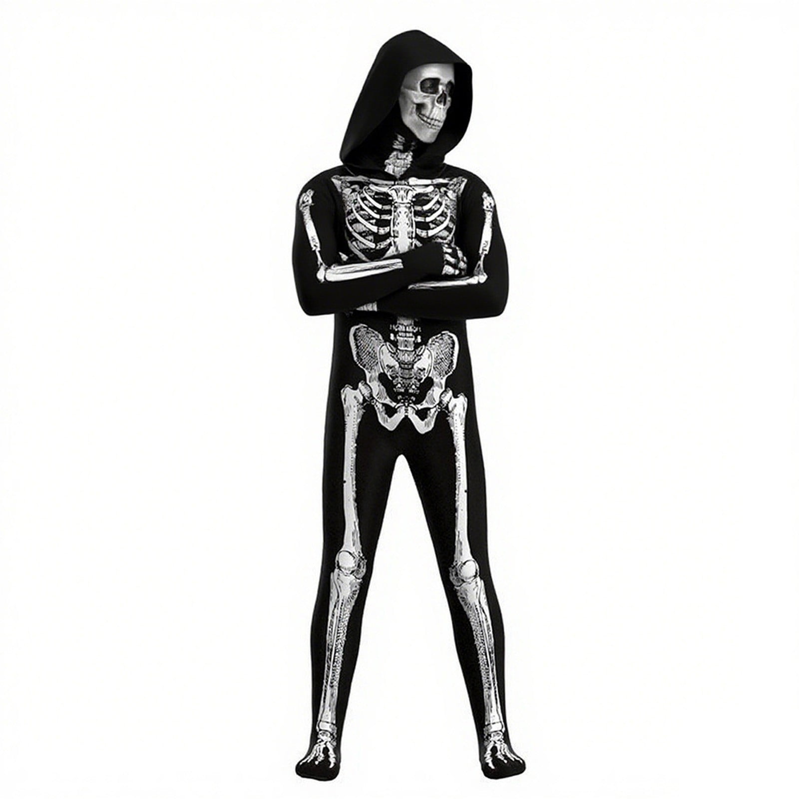 Skeleton Bone Bodysuit Halloween Cos-tumes for Men with Skeleton Hood ...