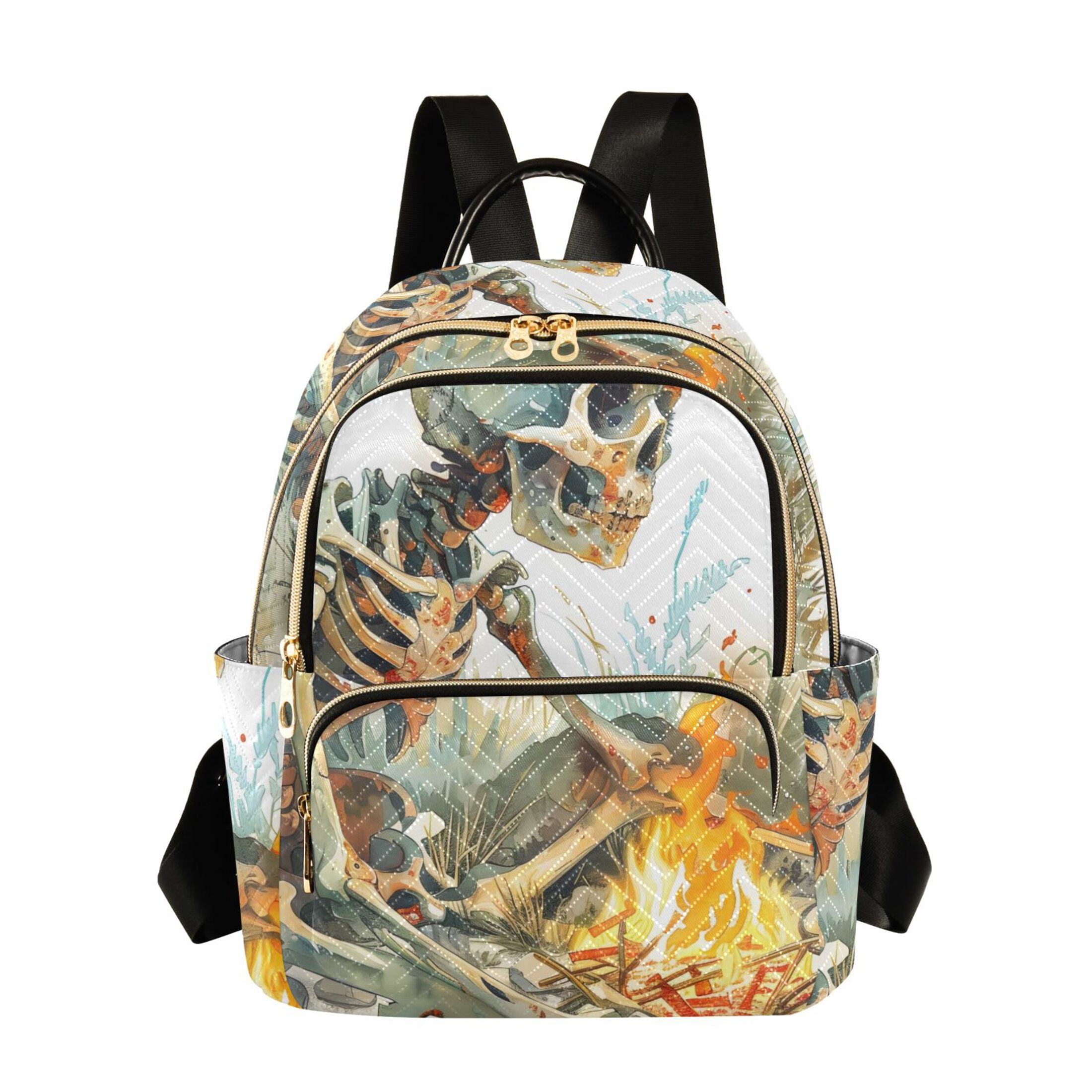 Skeleton Campfires Beside Grass Quilted Backpack Fashion Daypack ...