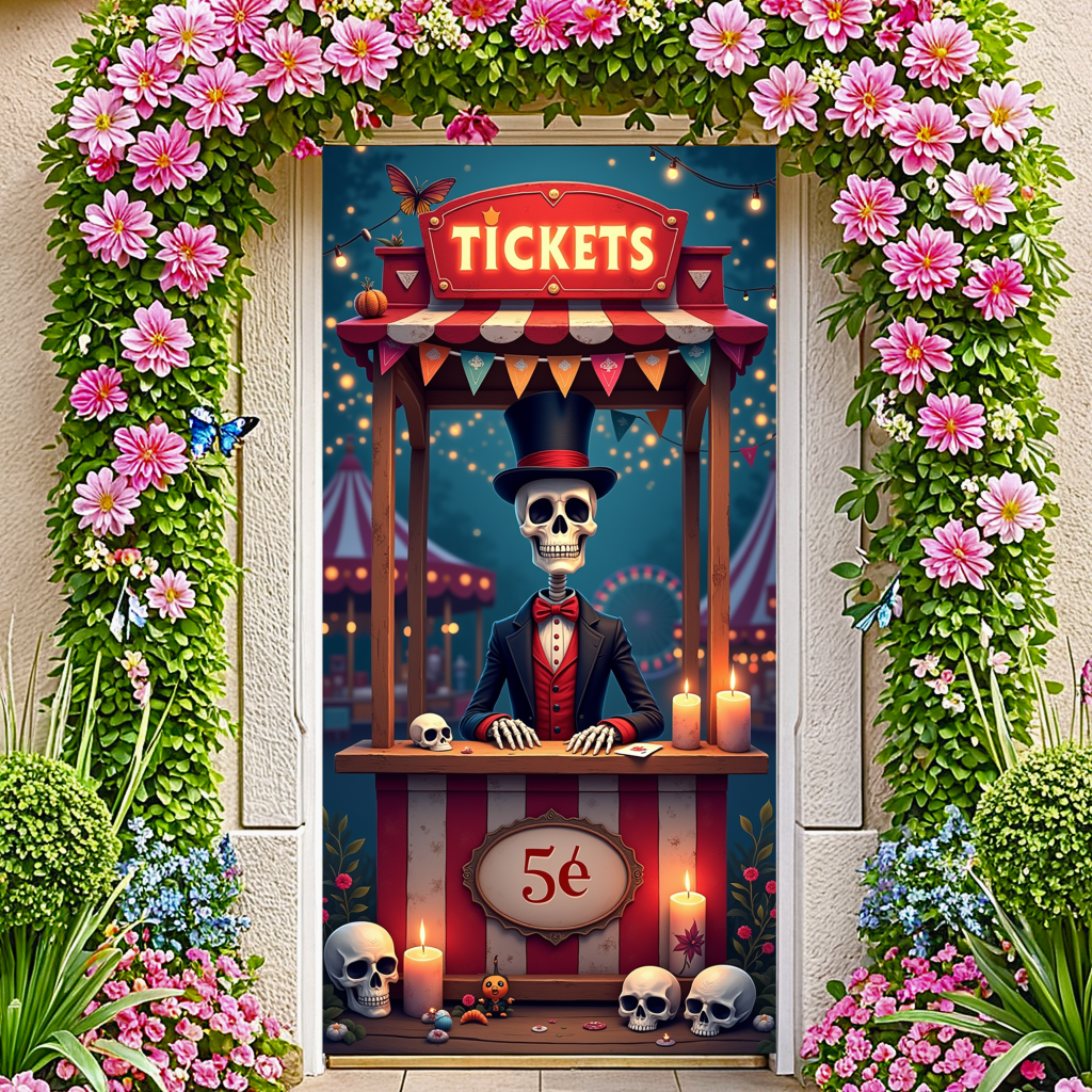 Skeleton Carnival Banner Halloween Ticket Booth Spooky Decor Day of the ...