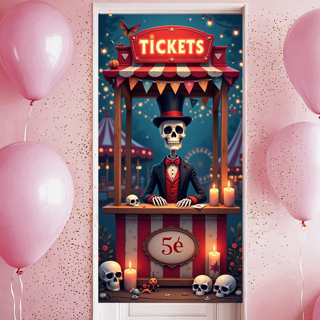 Skeleton Carnival Banner Halloween Ticket Booth Spooky Decor Day of the ...