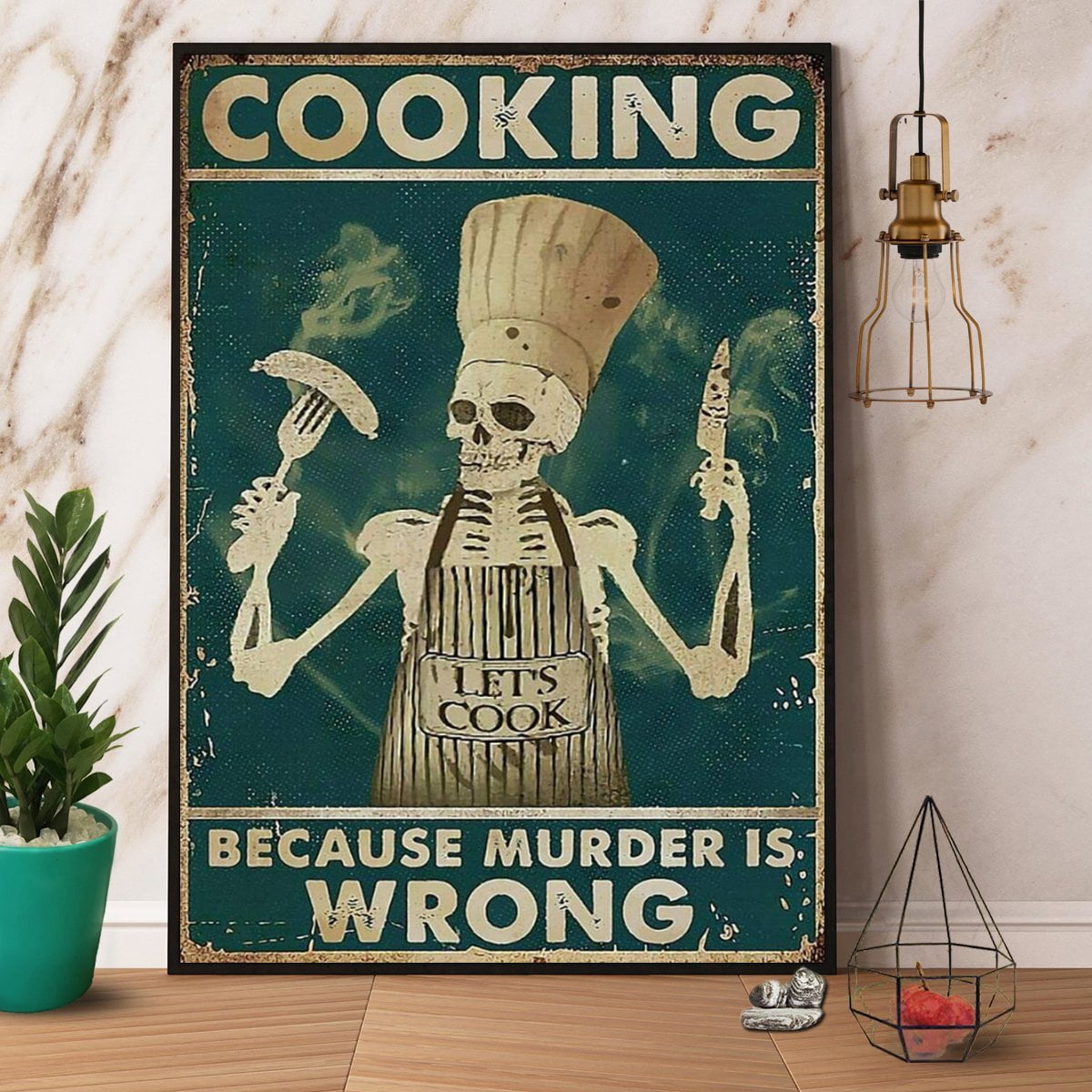 Skeleton Chef Cooking Because Murder Is Wrong Retro Green Vertical ...