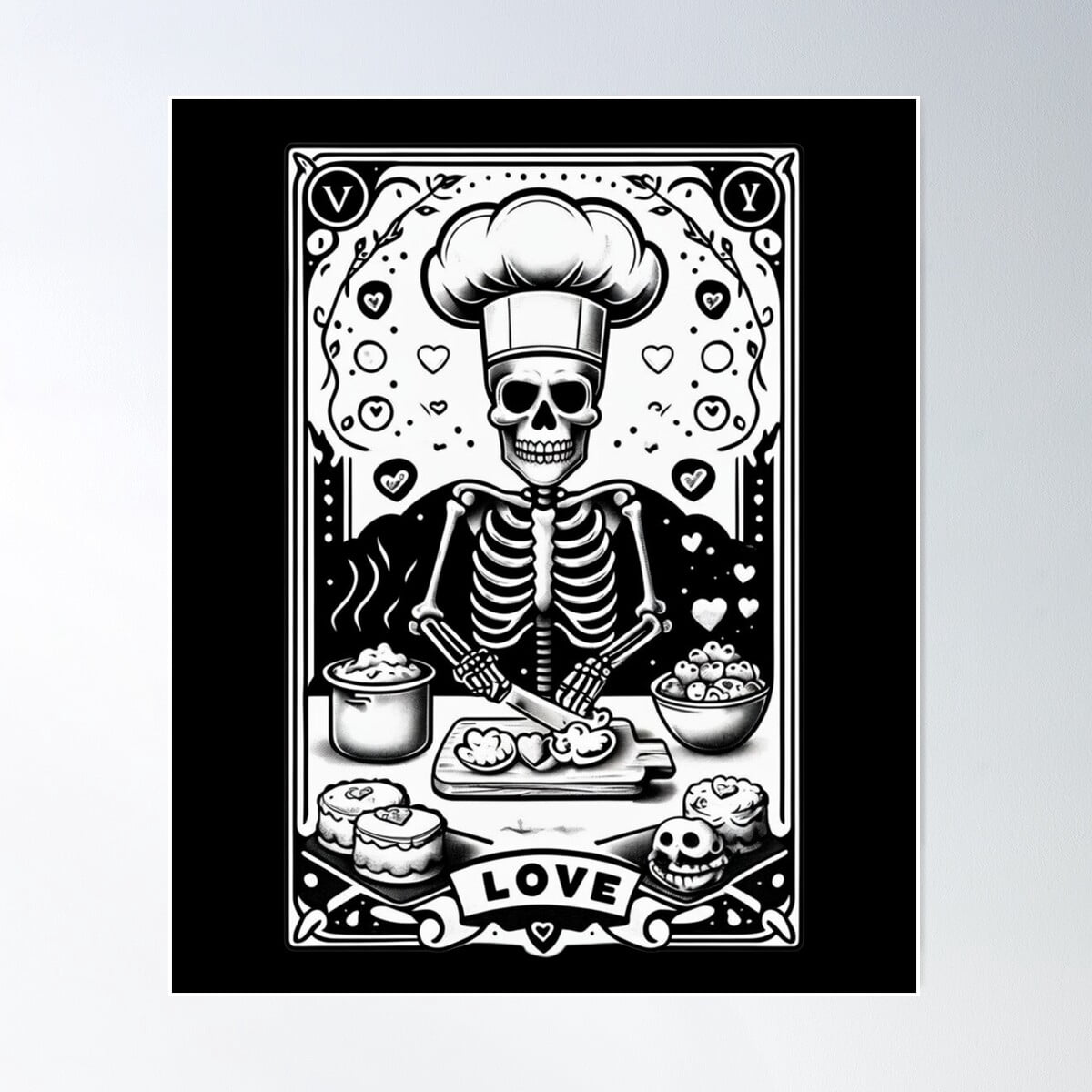 Skeleton Chef Valentine: Heart Patterns In Vintage Tattoo Style Poster ...