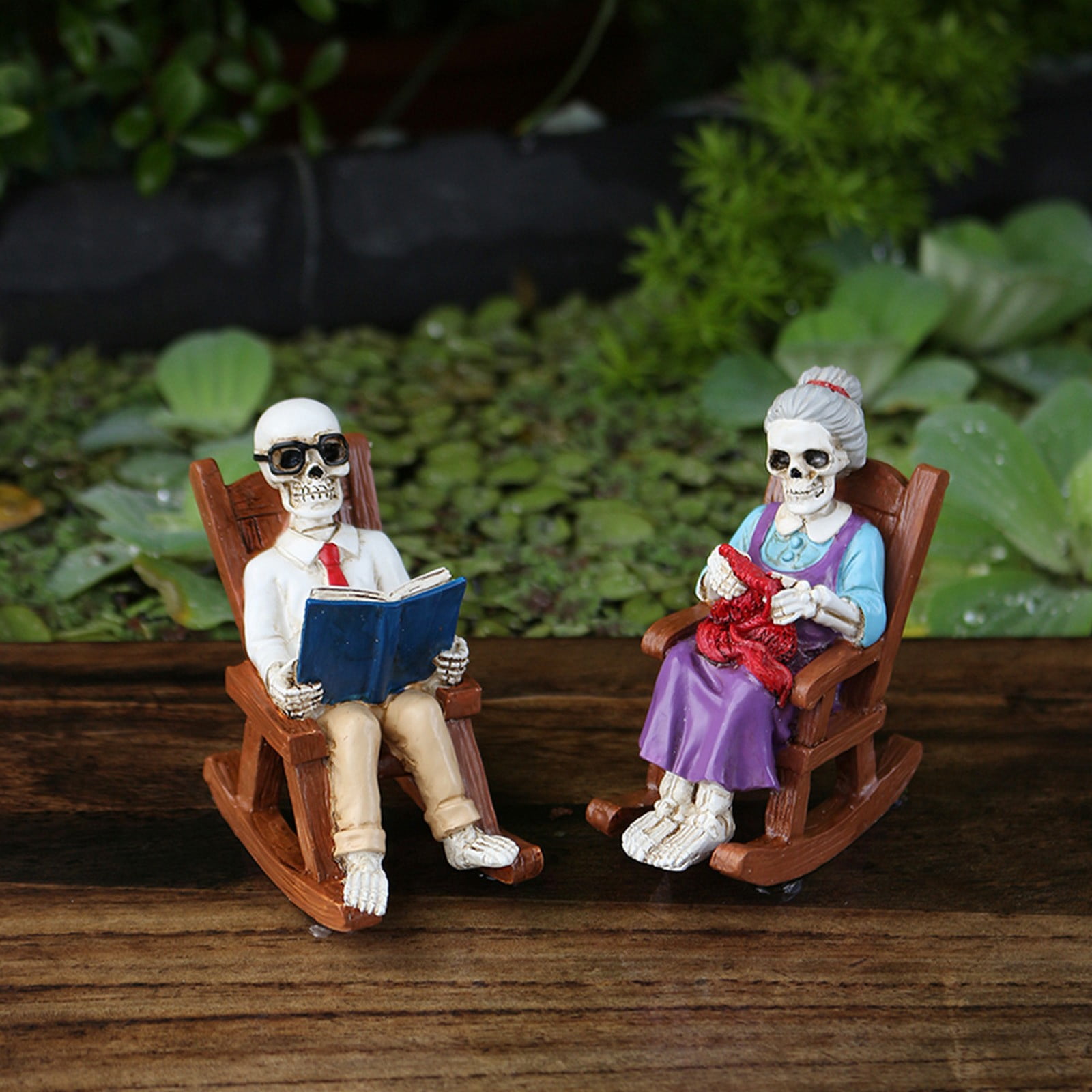 Skeleton Couple Figurines in Rocking Chairs, Elderly Skeletons Reading ...
