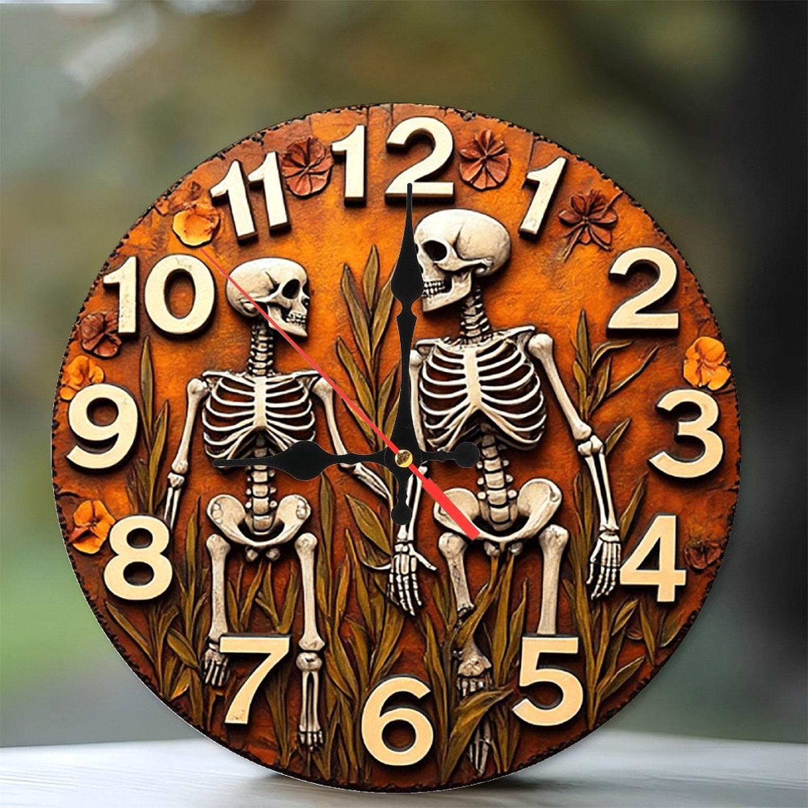Skeleton Couple Wall Clock Gothic Home Decor 10-Inch Silent Wooden Wall ...