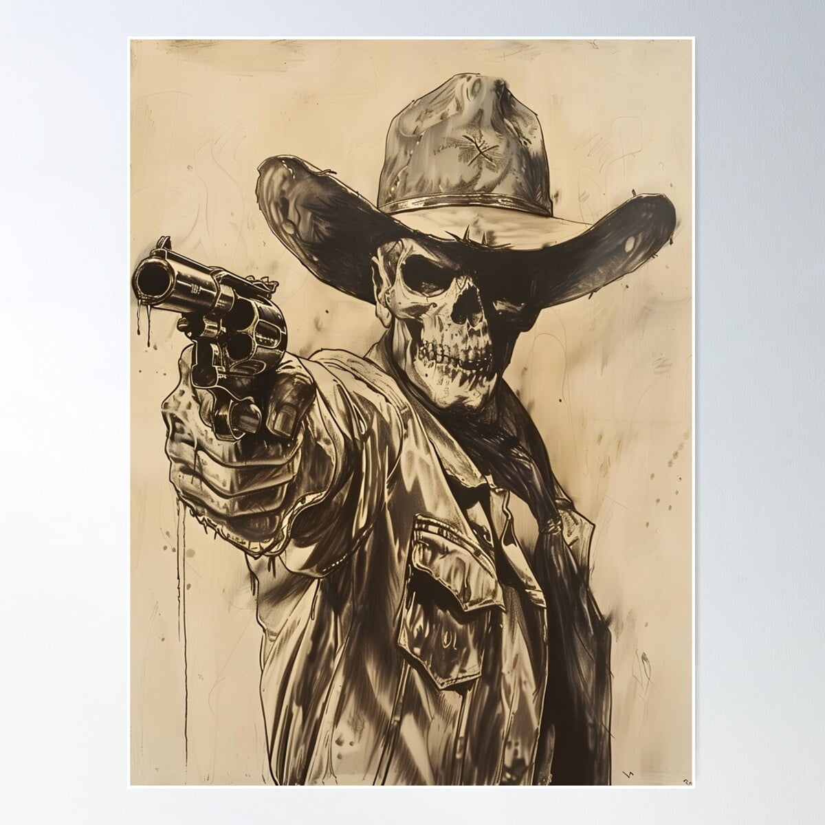 Skeleton Cowboy Pointing Revolver At Viewer Poster Wall Art, Modern ...