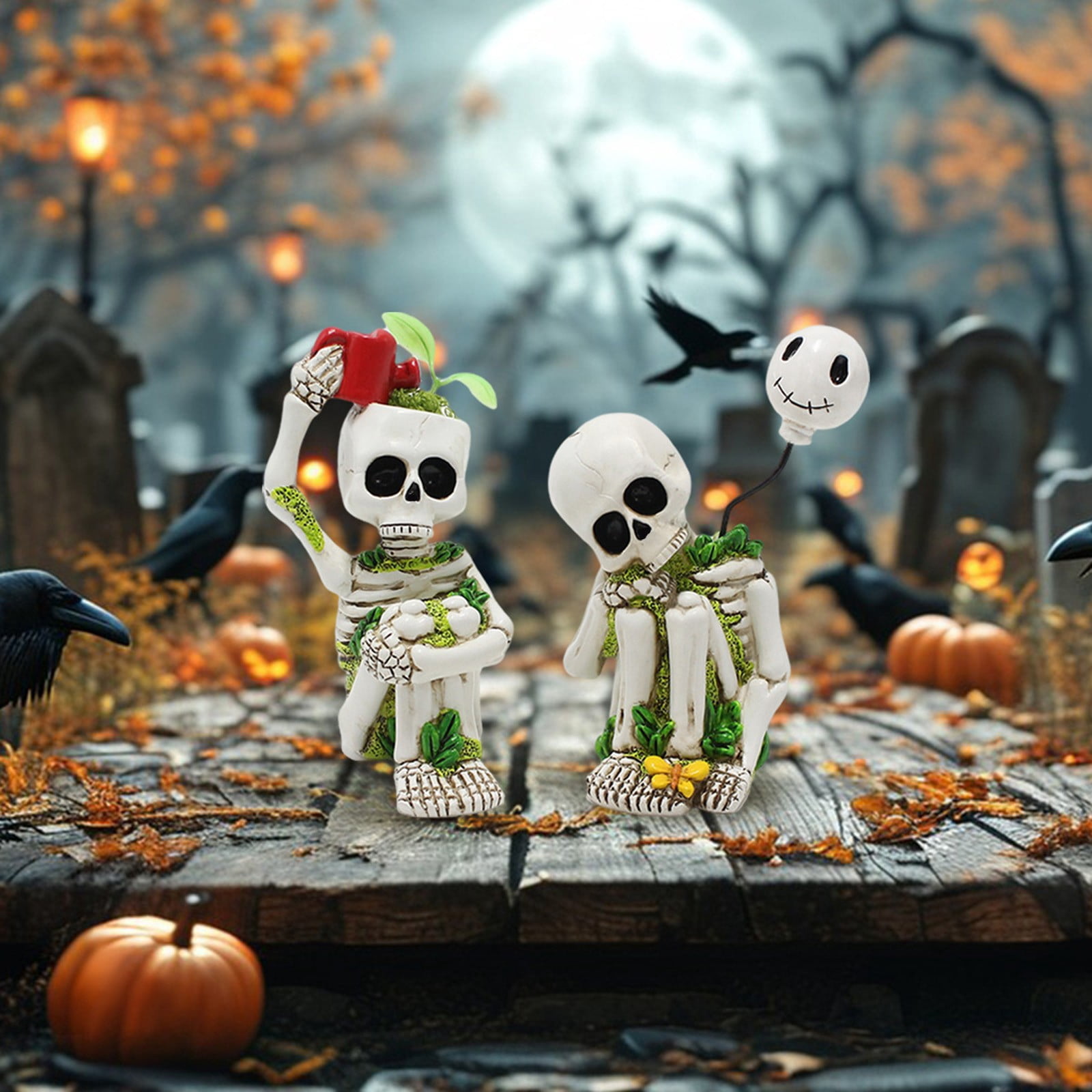 Skeleton Figurines Set of 2, Plant-Themed Resin Skeleton Statues with ...