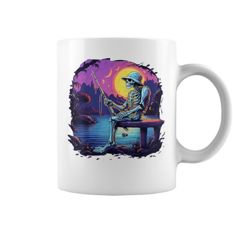Skeleton Fishing Sunset Bass Fisherman Skeleton Halloween Coffee Mugs ...