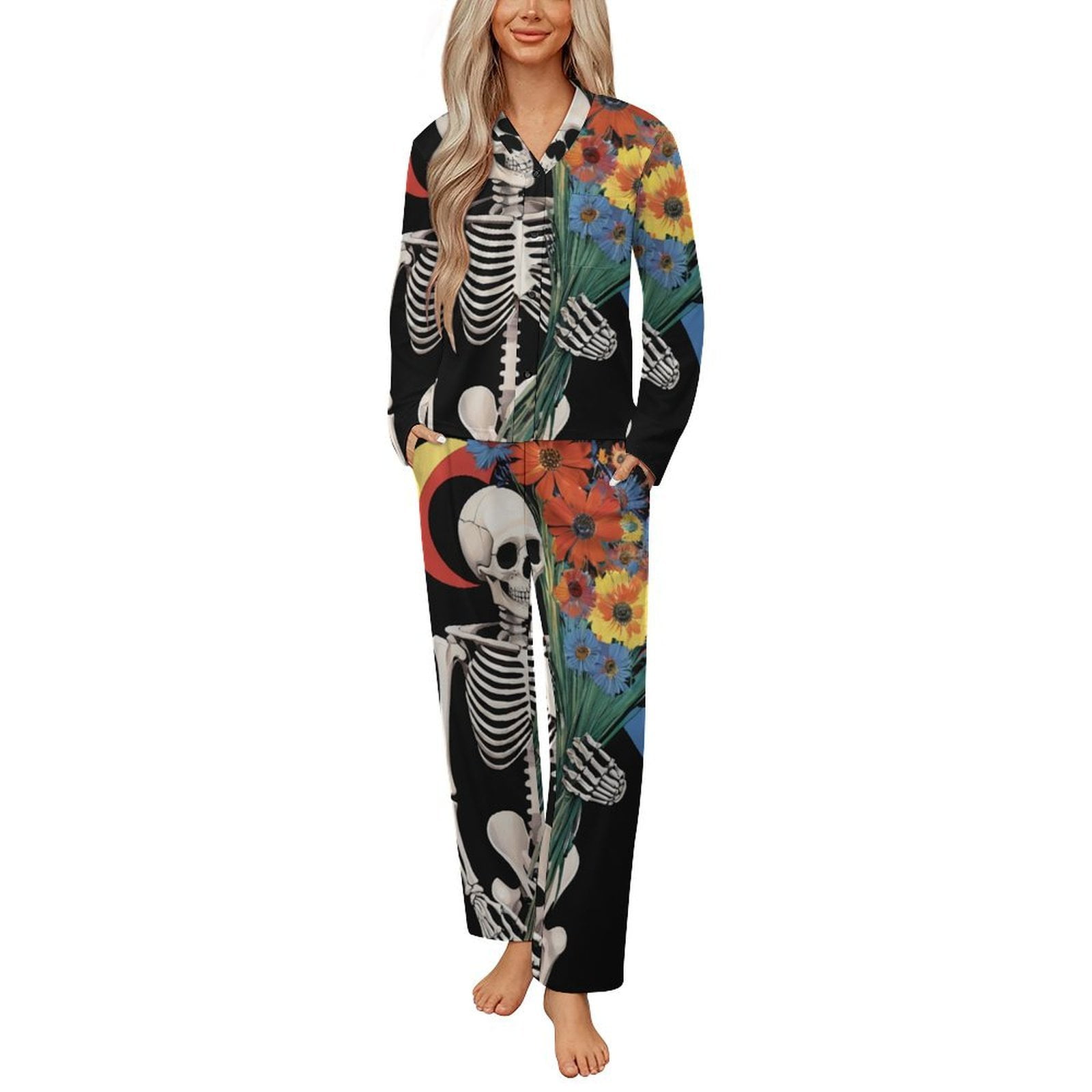 Skeleton with Flowers, Geometric Background Design Womens Pyjamas Set ...