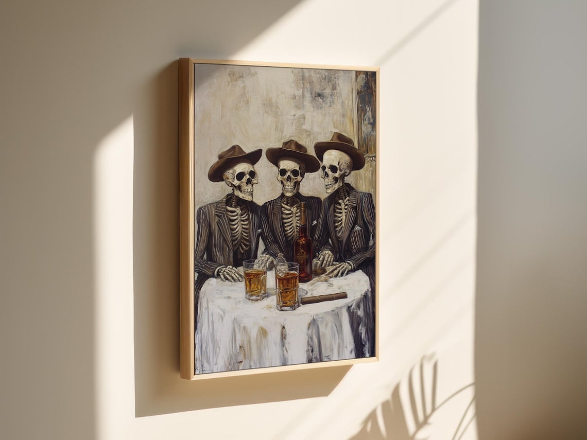 Skeleton Gang Gathering - Vintage Oil Painting Of Skeletons In Suits ...