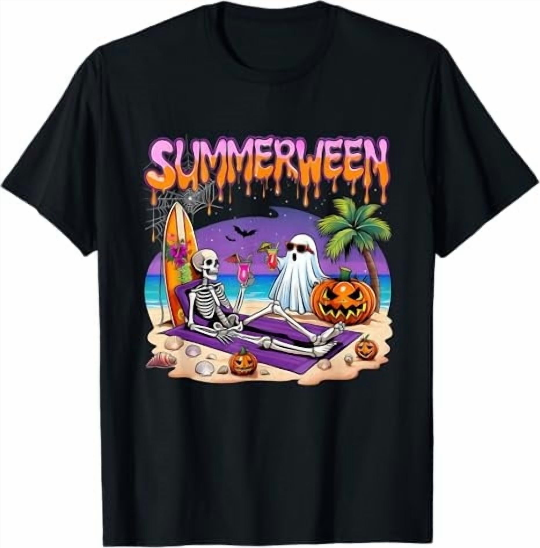 Skeleton Ghost Summerween Tee, Funny Spooky Beach Halloween Shirt for ...