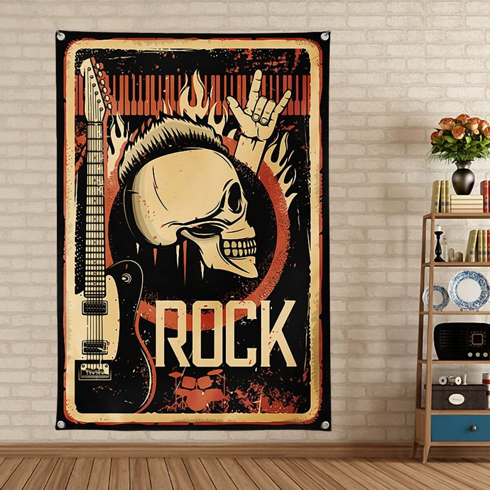 Skeleton Guitar ROCK Fun Vintage Metal Music Wall Art Tapestry Flag For ...