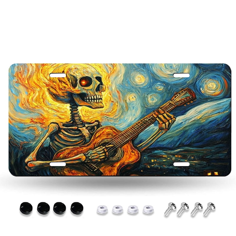 Skeleton Guitarist Under Starry Night License Plate Frame, Decorative ...