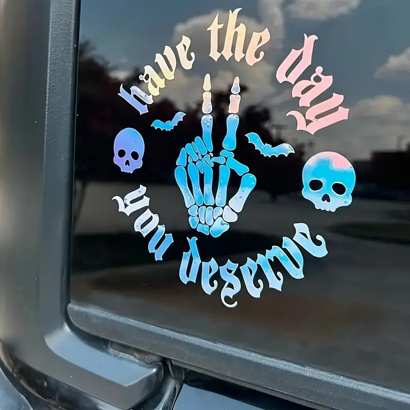 Skeleton Hand and Bat Reflective Vinyl Car Decal - "Have the Day You ...